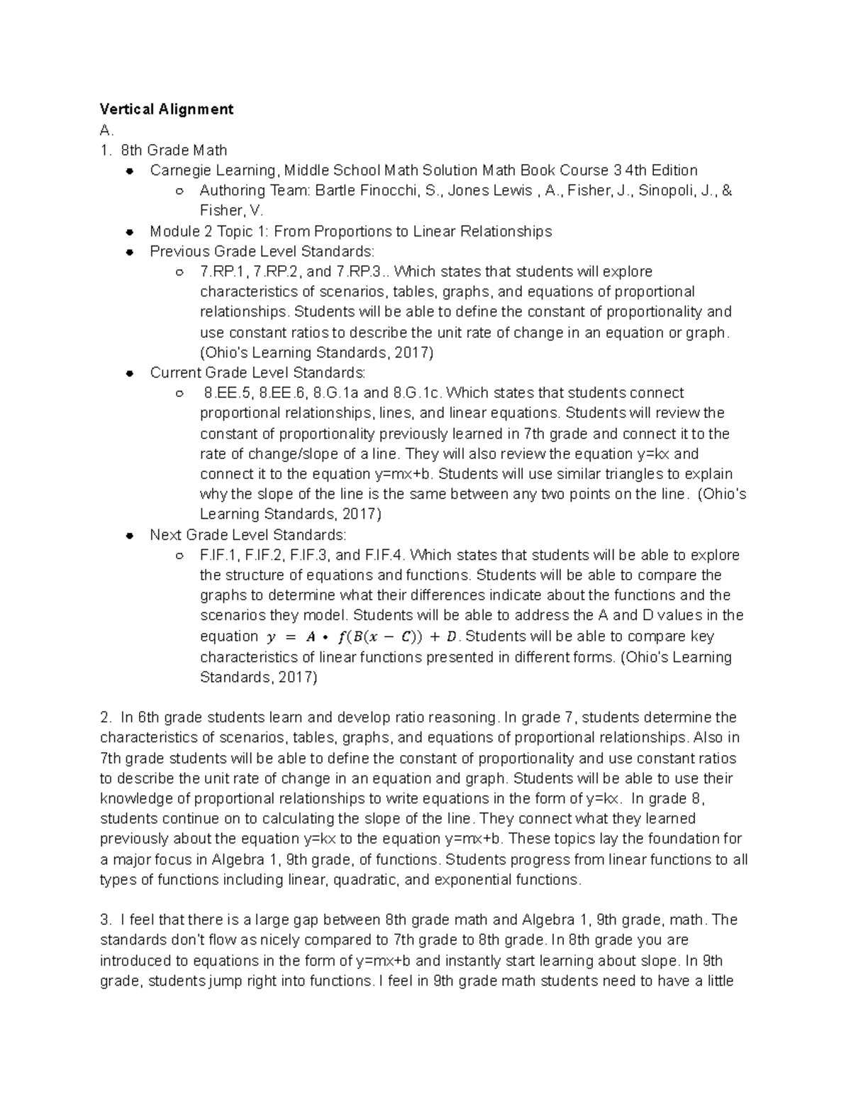 Task 3 Evaluates Curriculum Alignment - Vertical Alignment A. 8th Grade ...