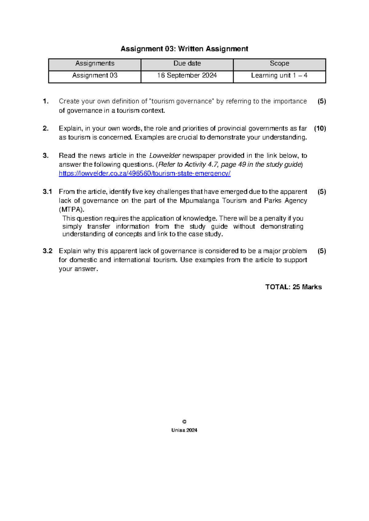 TRT3705 Assignment 03 2024 S2 - Assignment 03: Written Assignment Assignments Due date Scope ...