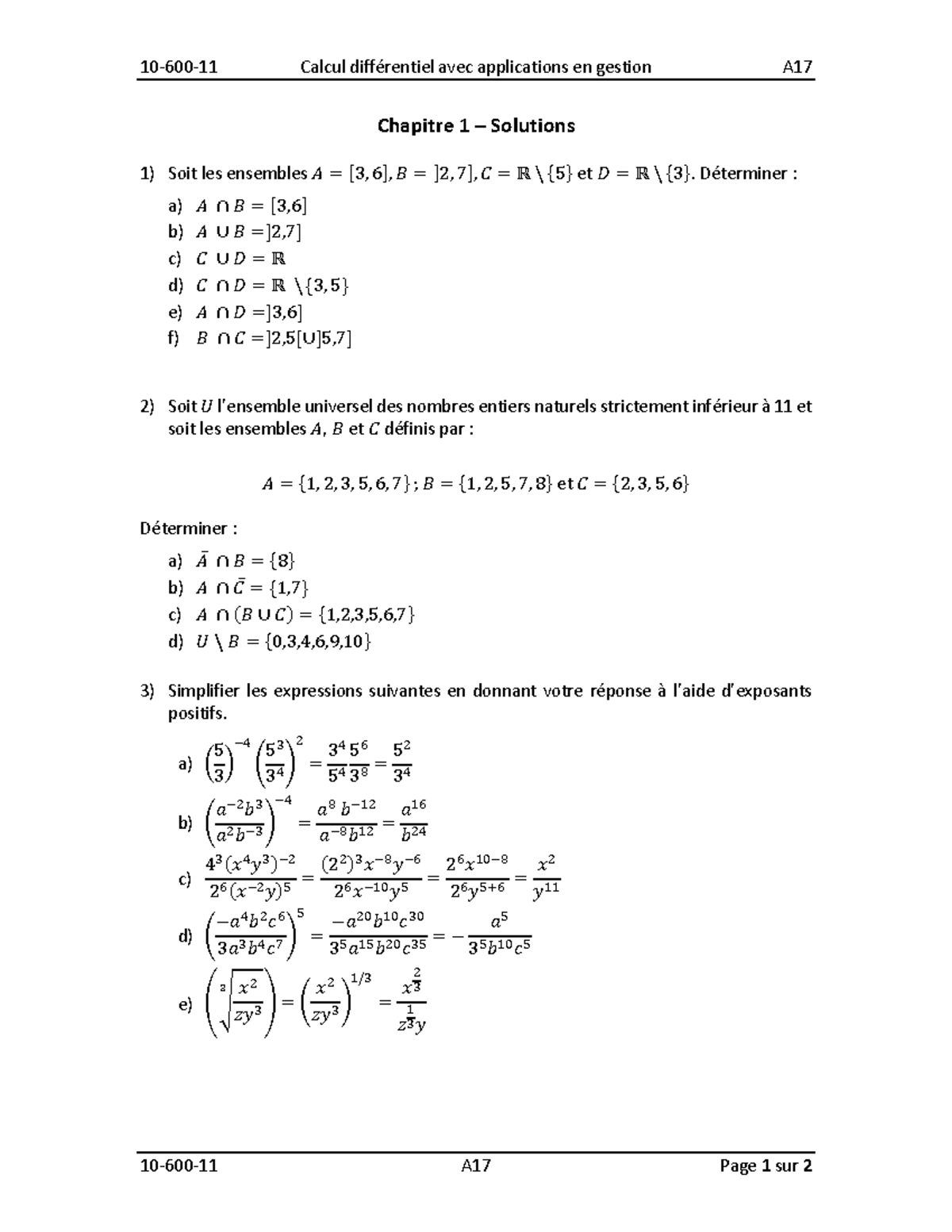 Sol Ex supp Chap 1 partie 1 - 10-600-11 Calcul différentiel avec applications en gestion A 10 ...