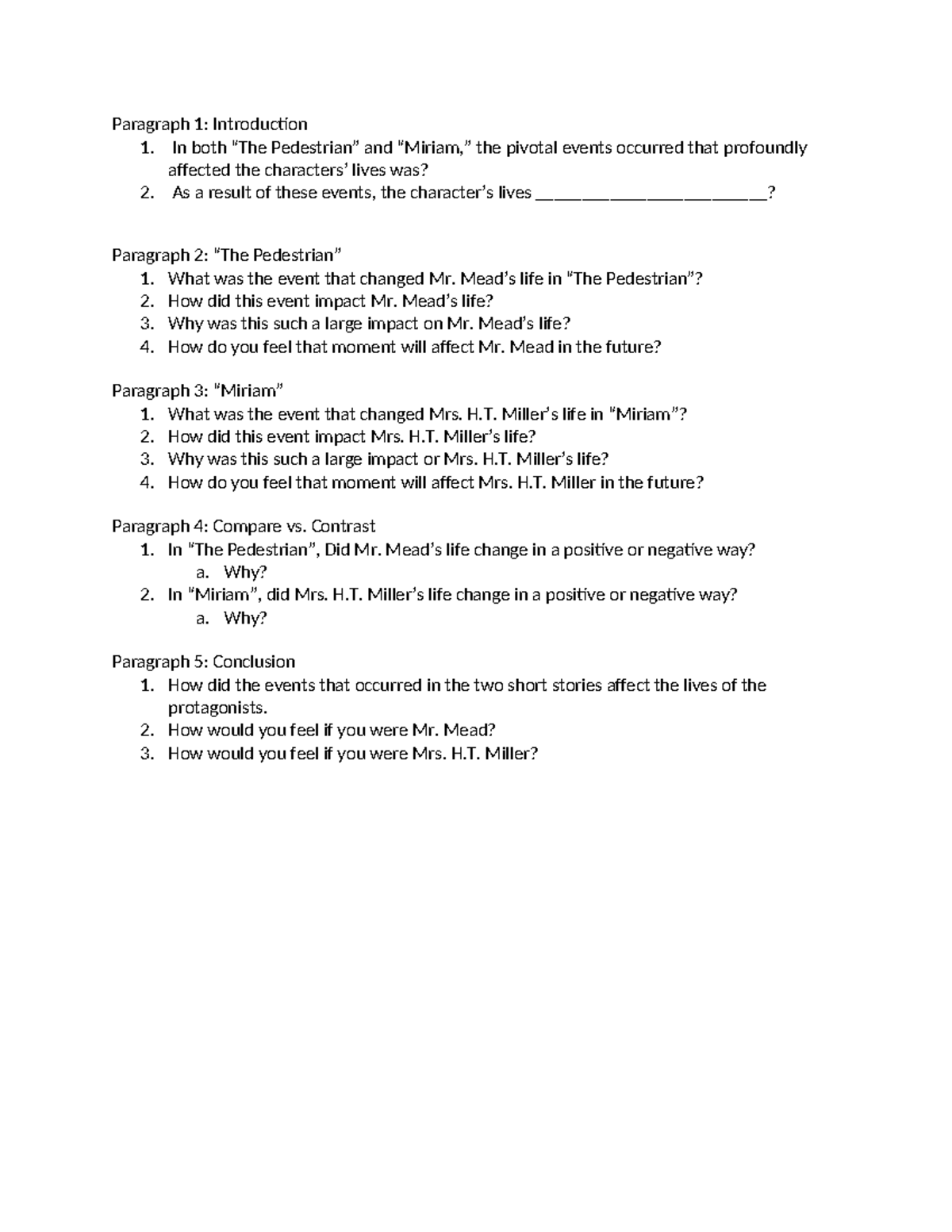 Outline for Comparing Essay - Paragraph 1: Introduction 1. In both “The ...