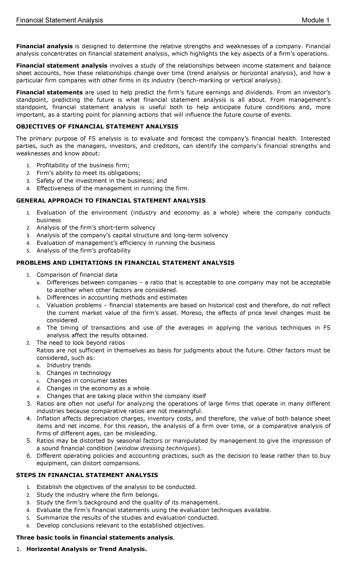Financial Statement Analysis Notes (Management Advisory Services ...