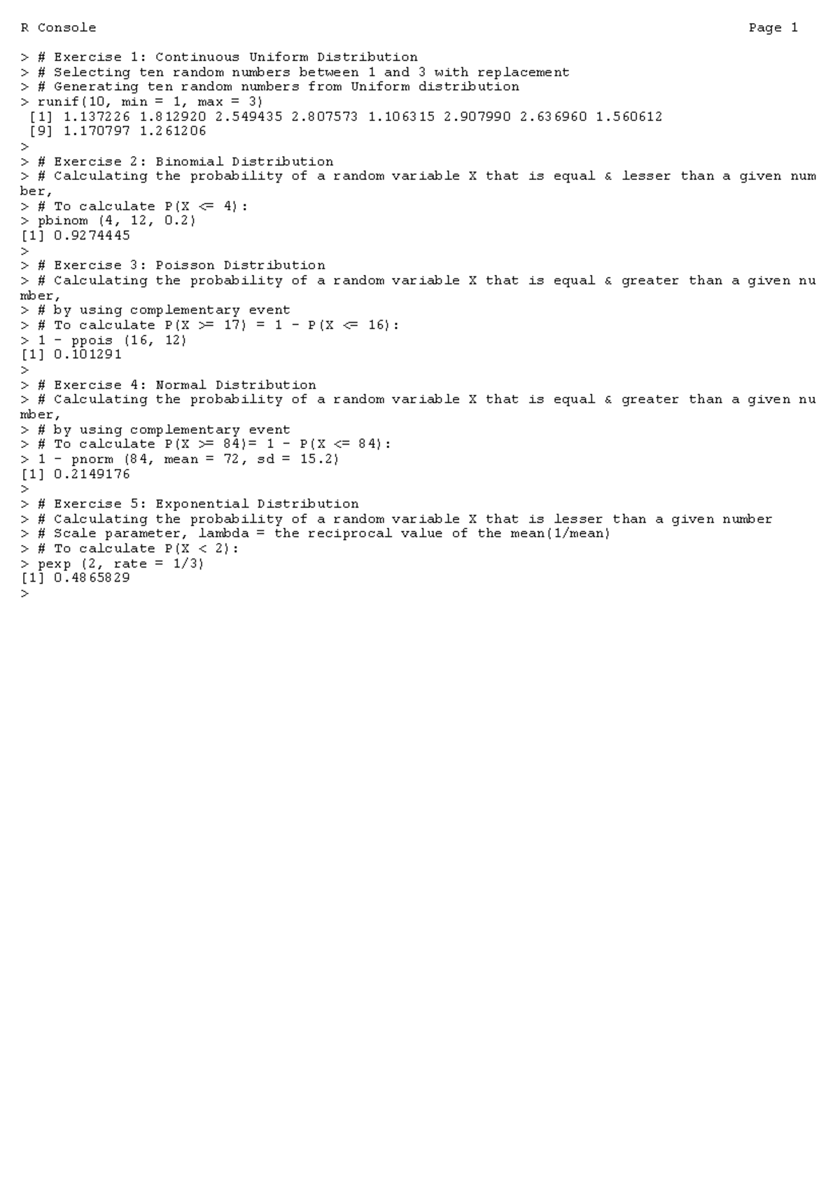 STA400 Group Assignment - R Console Page 1 > # Exercise 1: Continuous Uniform Distribution ...