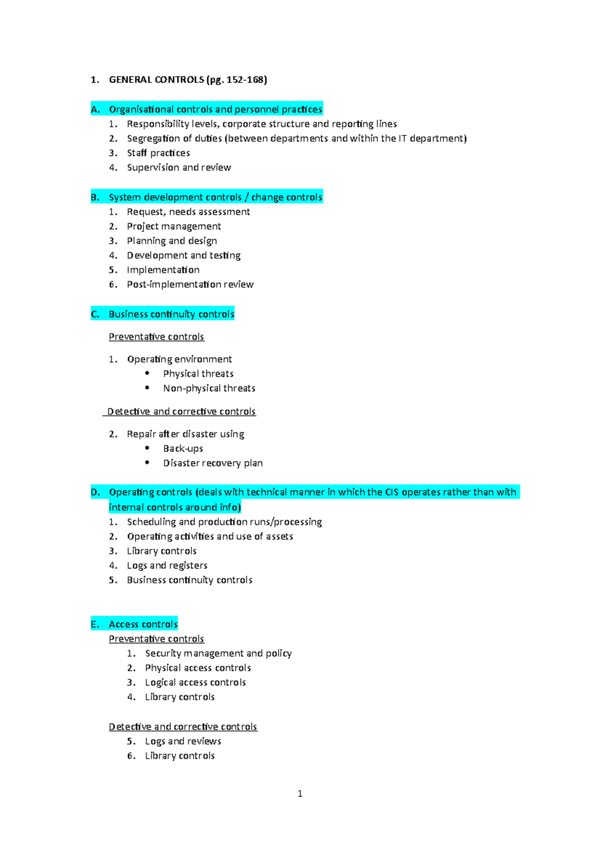General Controls - 1. GENERAL CONTROLS (pg. 152-168) A. Organisational ...