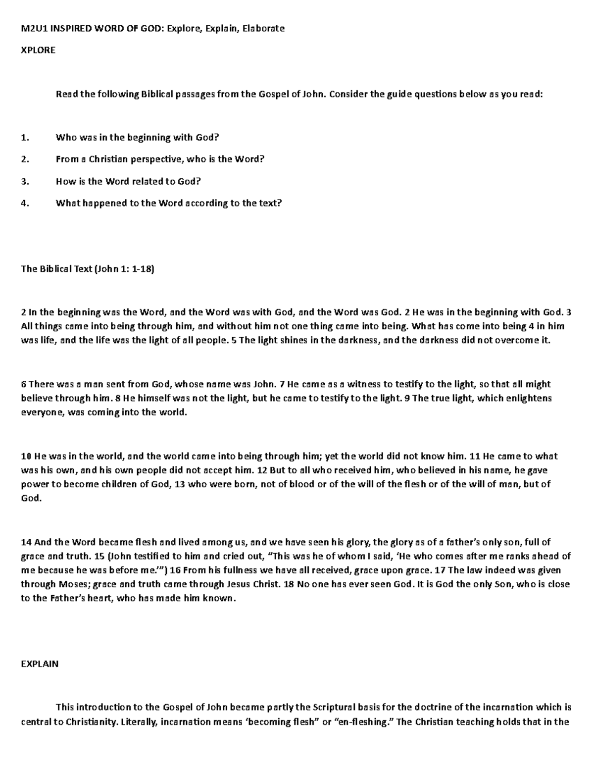 M2U1 Inspired WORD OF GOD - M2U1 INSPIRED WORD OF GOD: Explore, Explain, Elaborate XPLORE Read ...