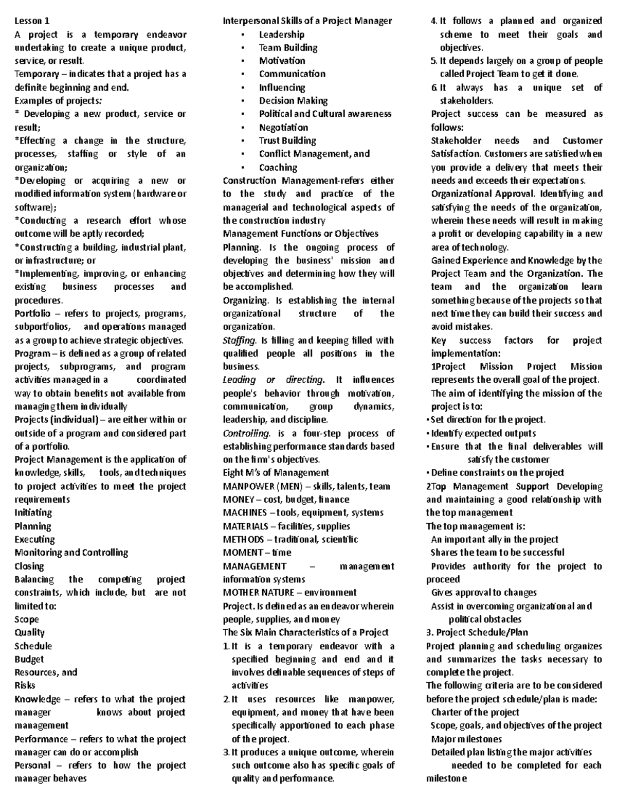 Reviewer CPM - Lesson 1 A project is a temporary endeavor undertaking to create a unique product ...