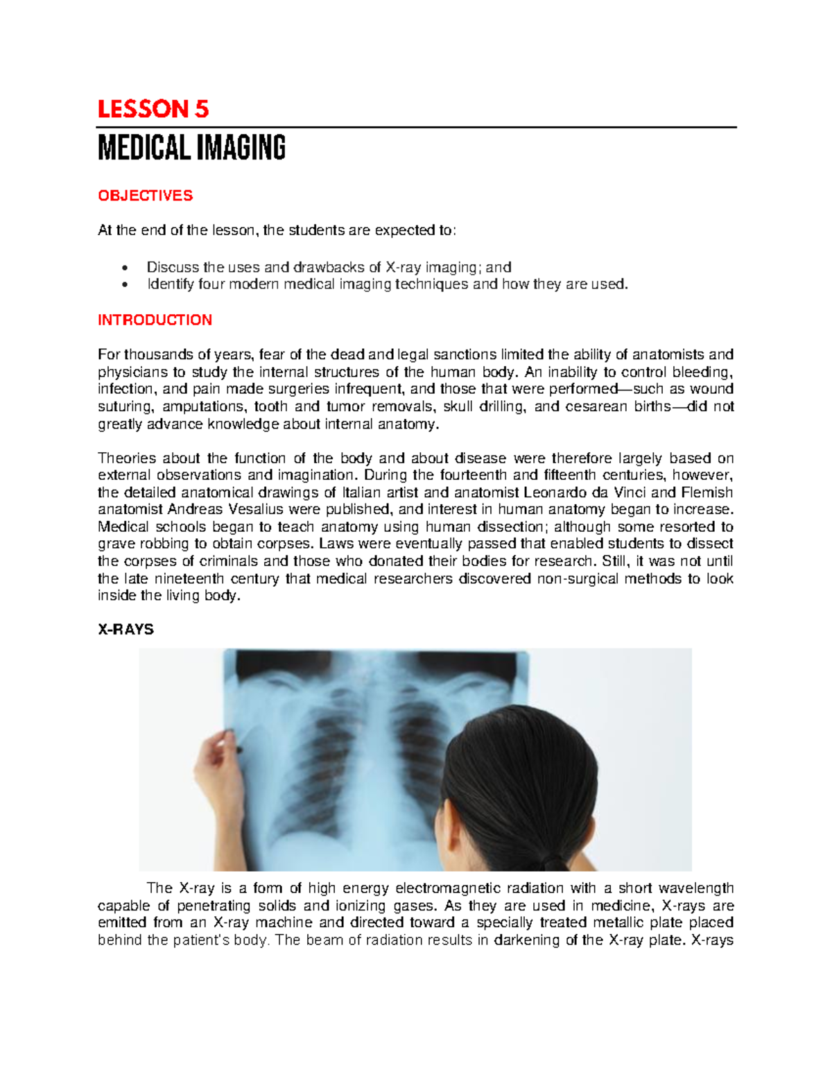 Lesson 5 - Medical Imaging - OBJECTIVES At the end of the lesson, the ...