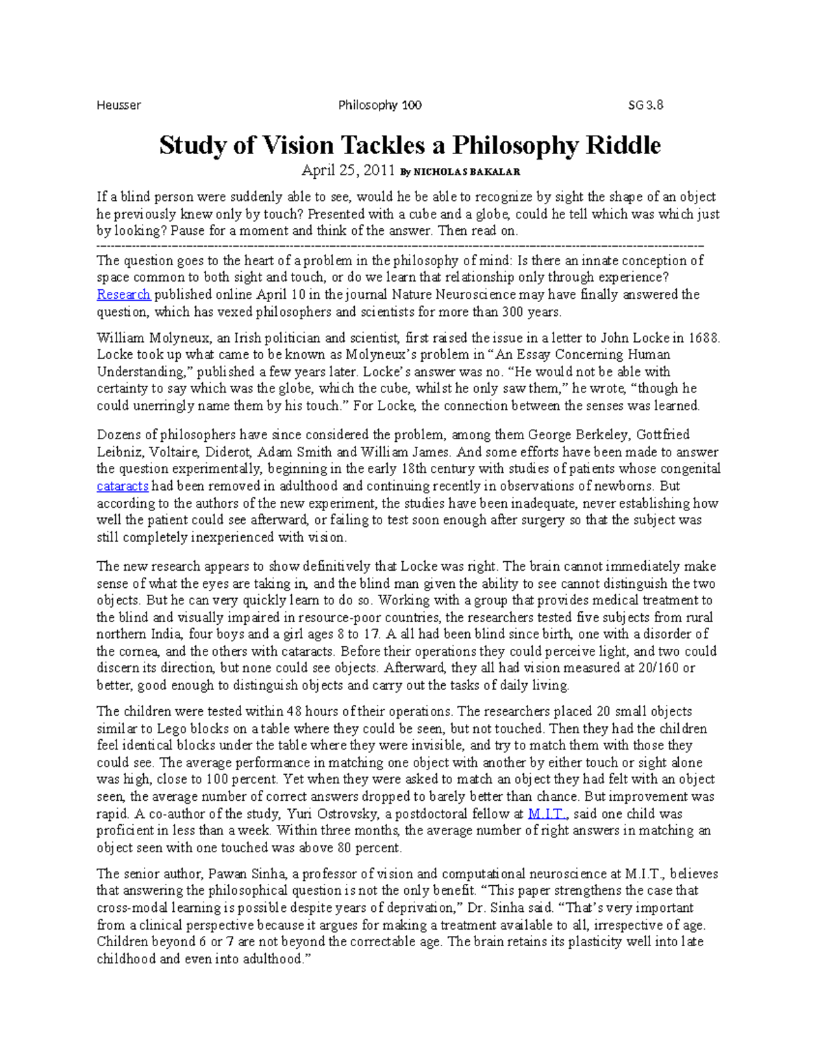 Sg3 8 Molyneux Problem - S.G. - Heusser Philosophy 100 SG 3. Study of ...