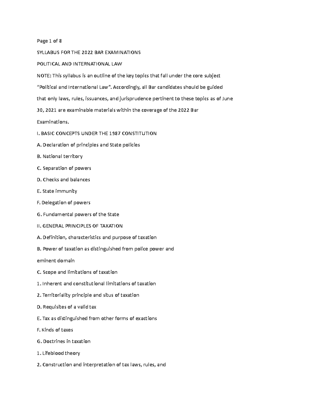 Poli Syllabus - Page 1 of 8 SYLLABUS FOR THE 2022 BAR EXAMINATIONS ...