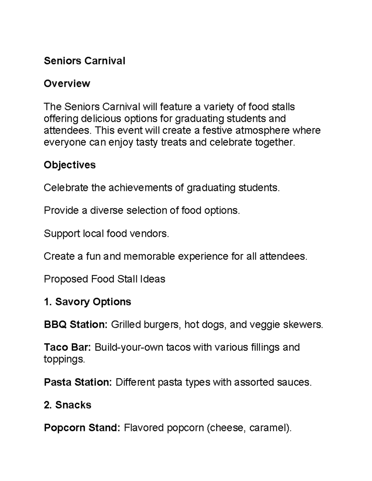 Project-seniors-org - Project for the year - Seniors Carnival Overview The Seniors Carnival will ...