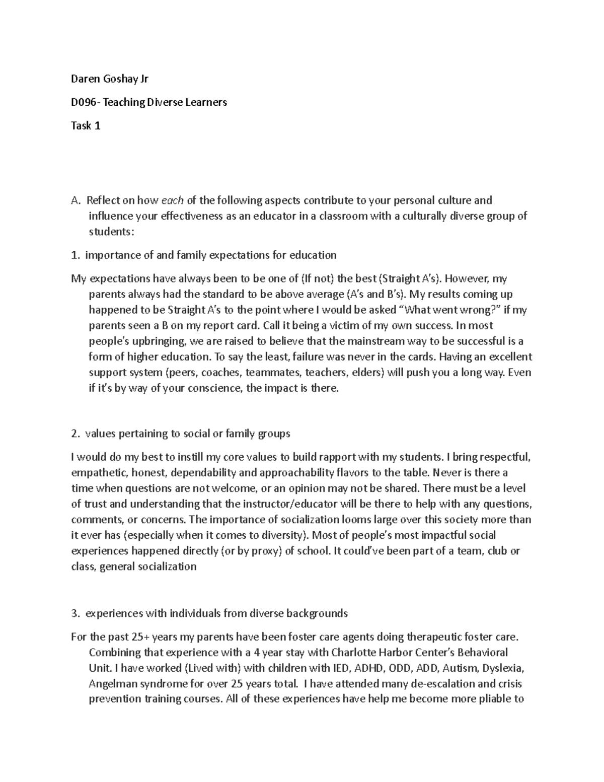 D096-Task 1 - Passed 1st Try - Daren Goshay Jr D096- Teaching Diverse ...