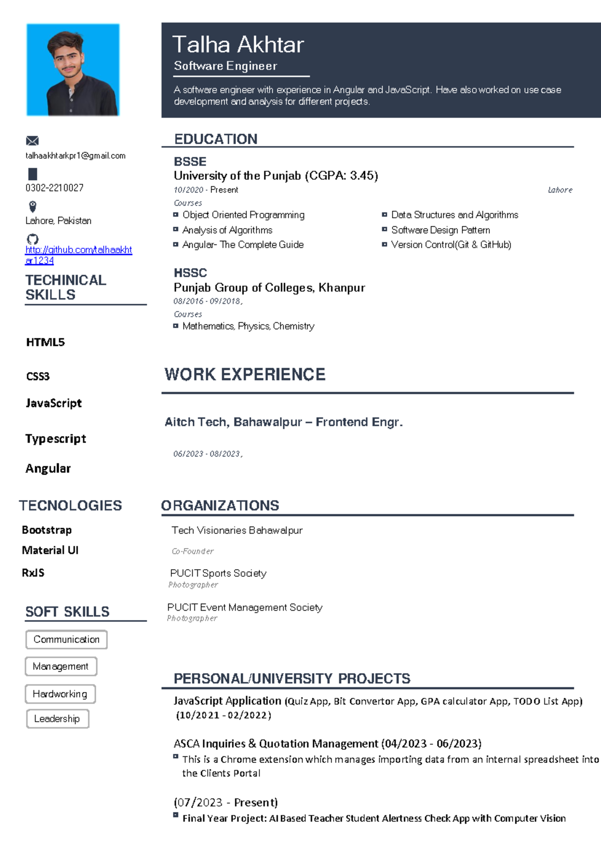 Talha's Resume - This is a tutorial. - talhaakhtarkpr1@gmail 0302- Lahore, Pakistan github ...