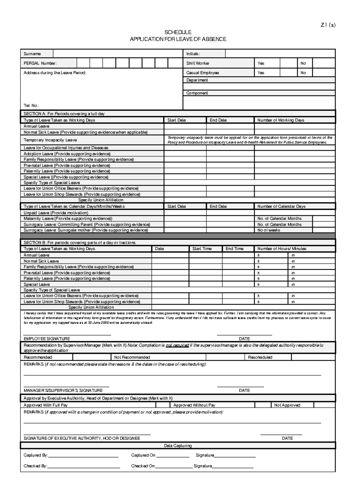 Leave Form Z1(a) 2021 - previous paper - Z1 (a) SCHEDULE APPLICATION ...