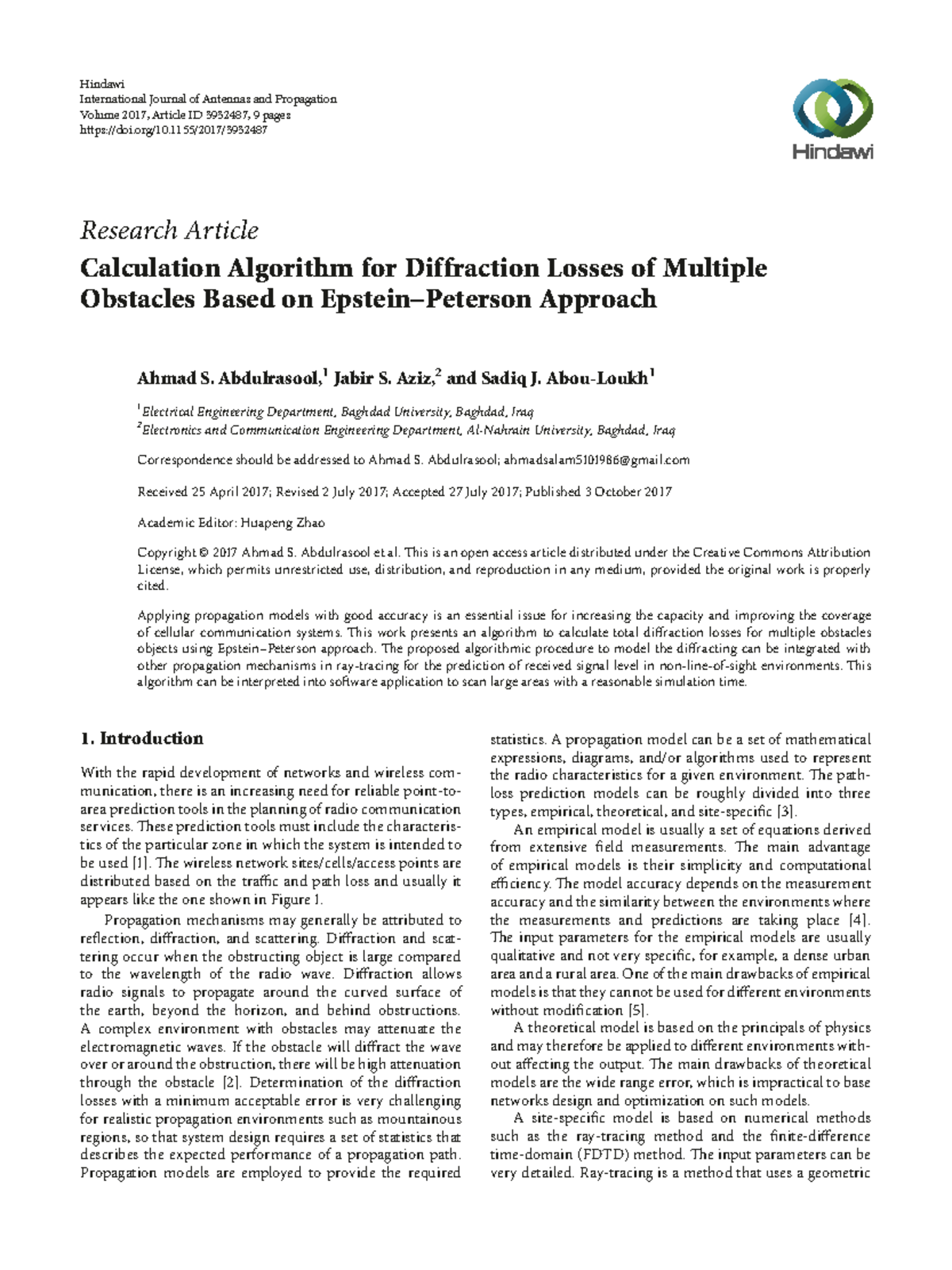 Calculation Algorithm For Diffraction Losses Of Mu Research Article Calculation Algorithm For