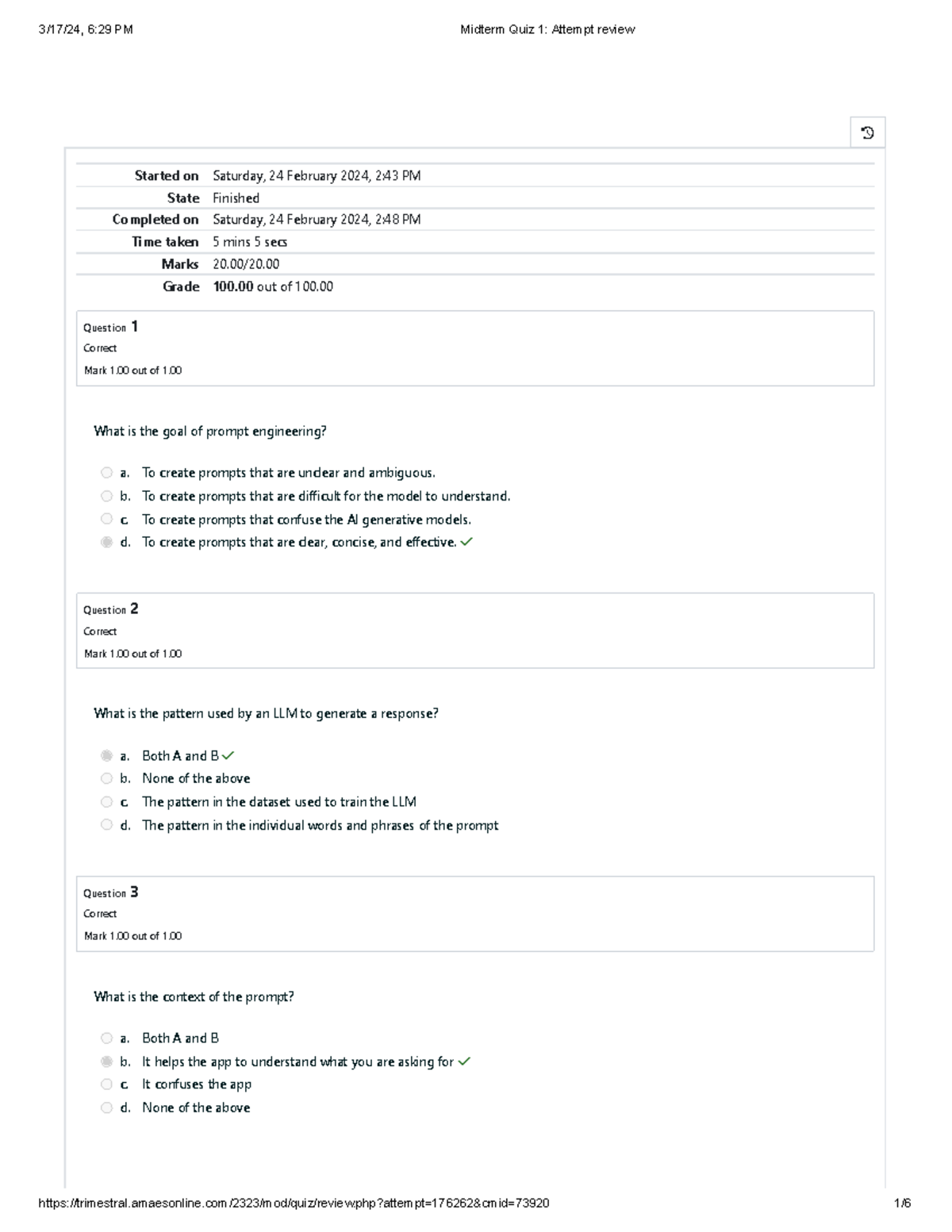 Midterm Quiz 1 Attempt review ai - Started on Saturday, 24 February 2024, 2:43 PM State Finished ...
