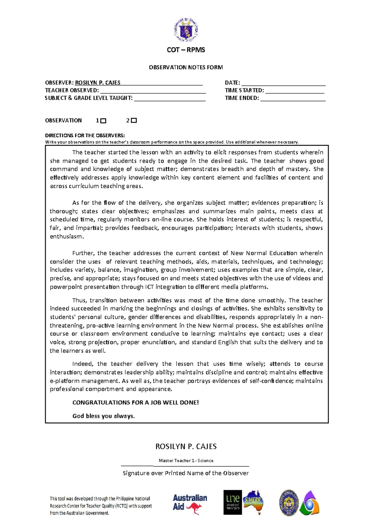 Scfull - observation notes - COT – RPMS OBSERVATION NOTES FORM OBSERVER ...