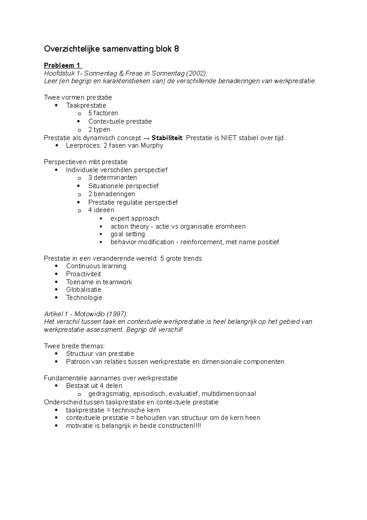 Overzichtelijke samenvatting blok 8 - Twee vormen prestatie ...