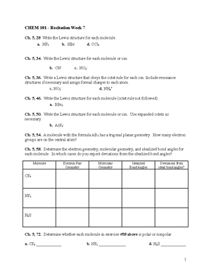 CHEM 101 Recitation Week 2 - CHEM 101 – Recitation Week 2 Ch. 1, 37 ...