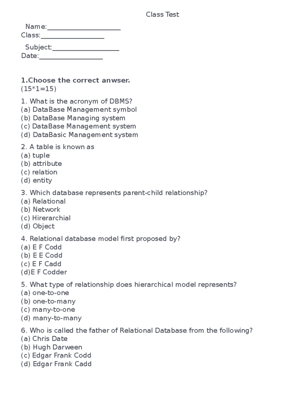 Computer question paper - Class Test Name:______________________ Class