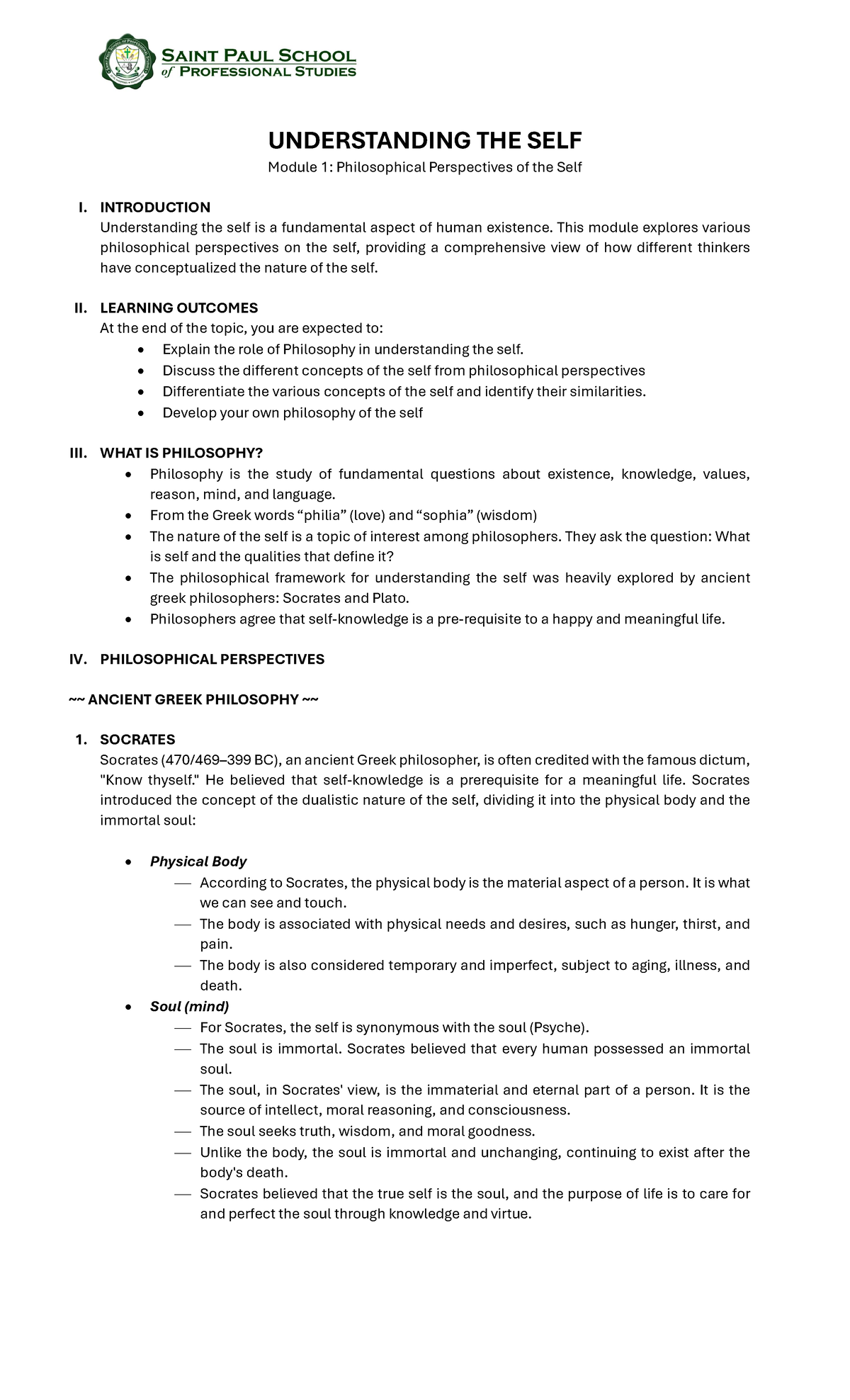 Module 1 - Philosophical Perspectives - UNDERSTANDING THE SELF Module 1 ...