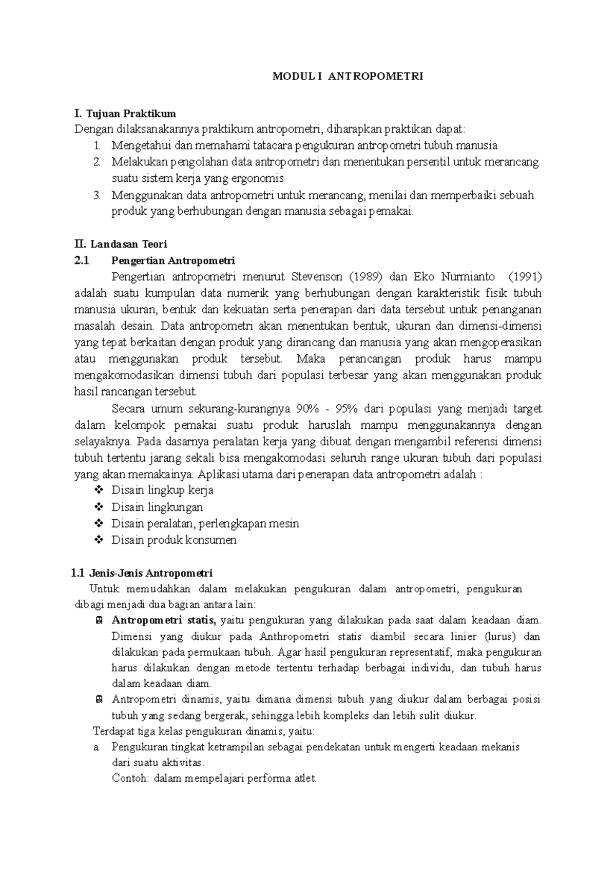 Modul 1 Praktikum Antropometri - MODUL I ANTROPOMETRI I. Tujuan ...