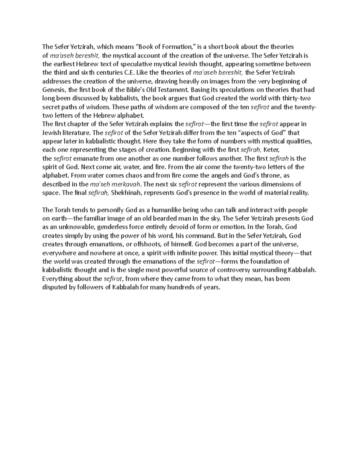 Philosophy 388 - Lecture Book Notes - The Sefer Yetzirah, which means ...