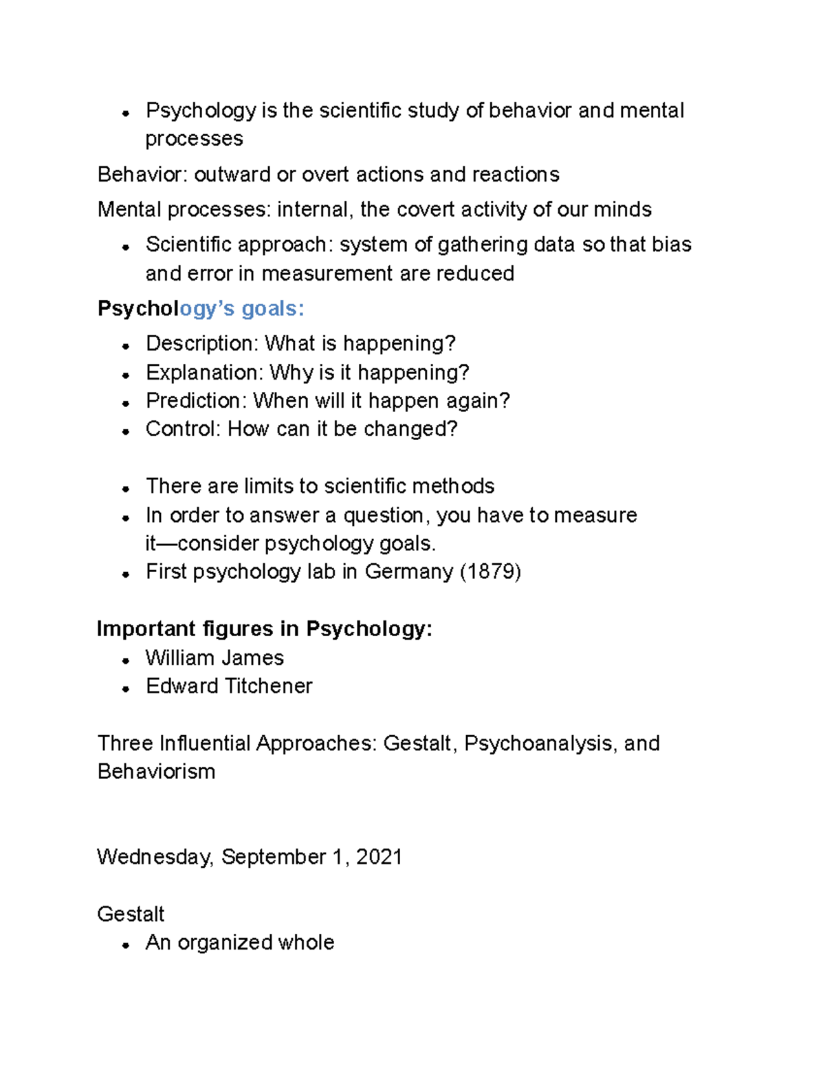 Psychology notes - Brief summary of lecture slides - Psychology is the ...