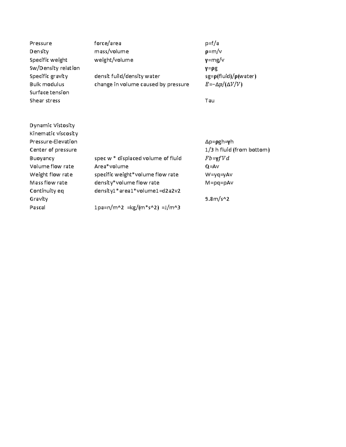 Fluids Notes from FLDS 350 Course at SAIT, includes formulas - Pressure ...