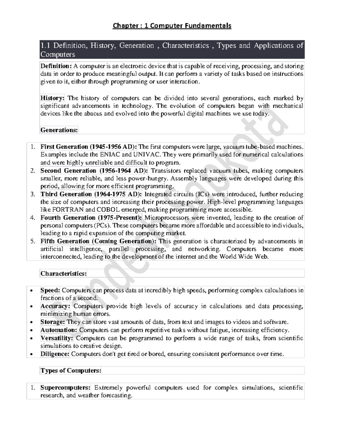 Comp Operator Notes - Chapter : 1 Computer Fundamentals 1 Definition ...