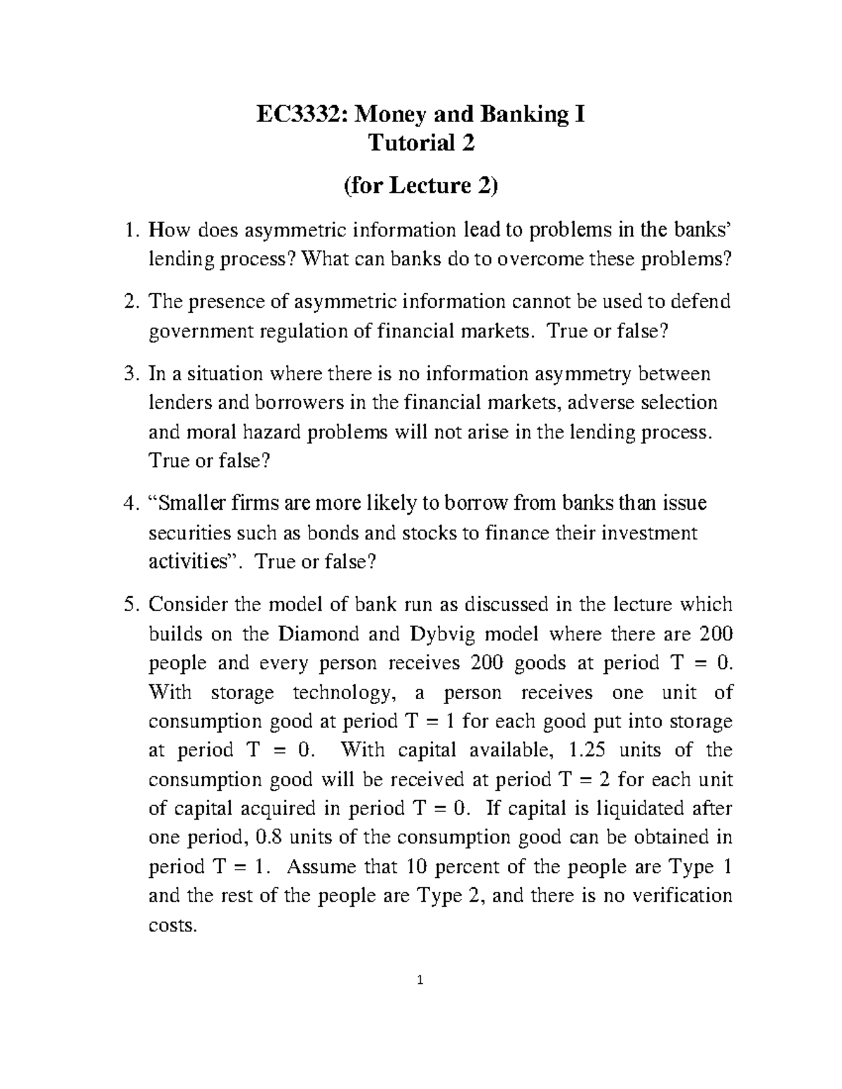 EC3332 - Tutorial 2 (Questions) - 1 EC3332: Money and Banking I ...