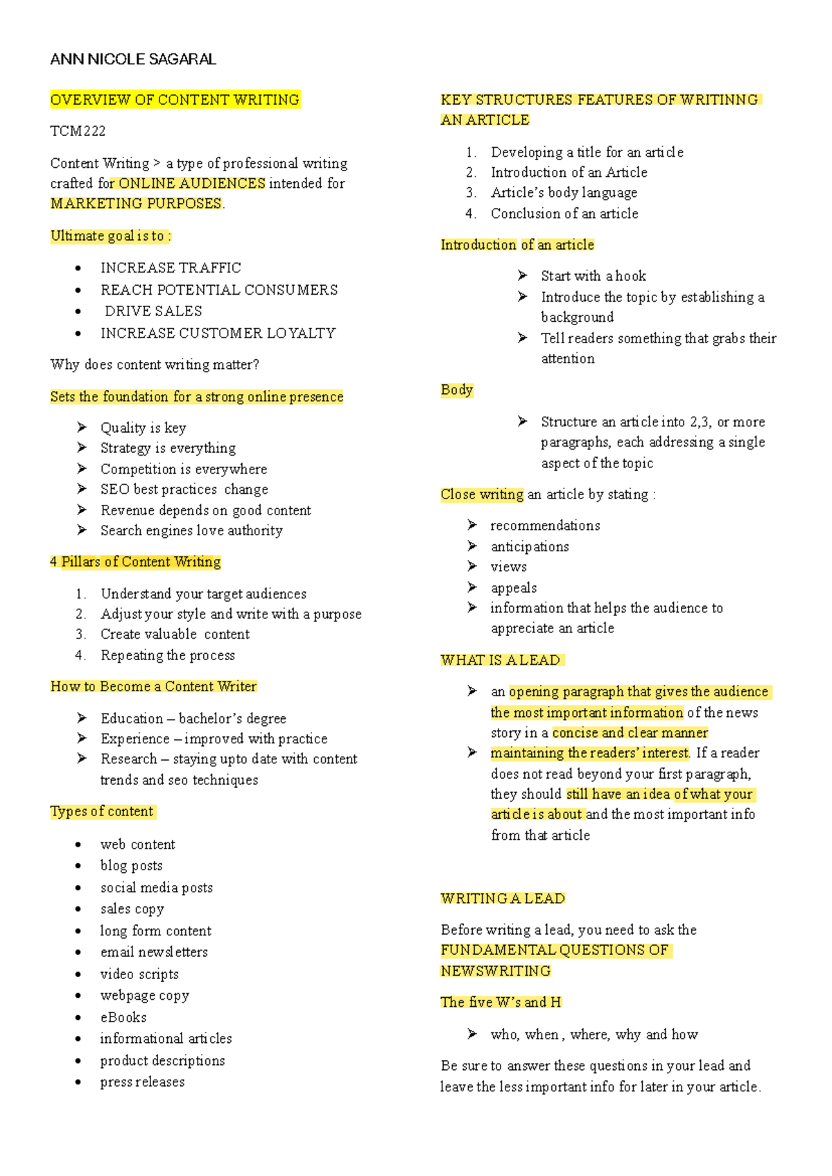 TCM222 OVERVIEW OF CONTENT WRITING REVIEWER - ANN NICOLE SAGARAL ...