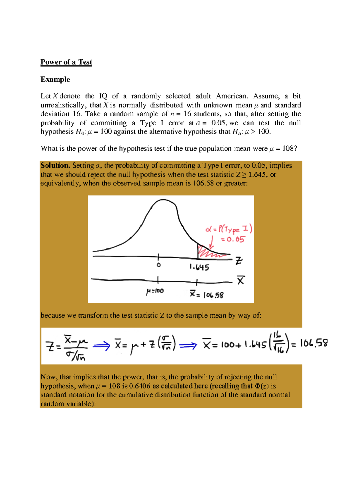 Power-of-a-test - Power of a Test Example Let X denote the IQ of a ...