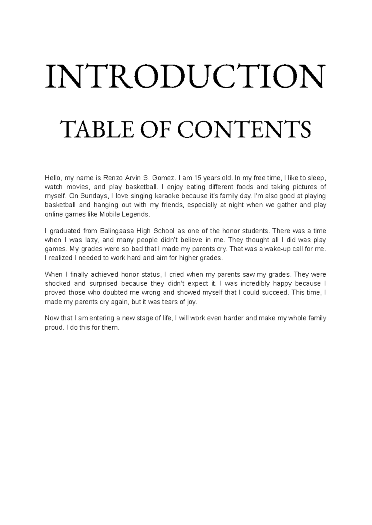 Renzo biology - ATCG - INTRODUCTION TABLE OF CONTENTS Hello, my name is ...