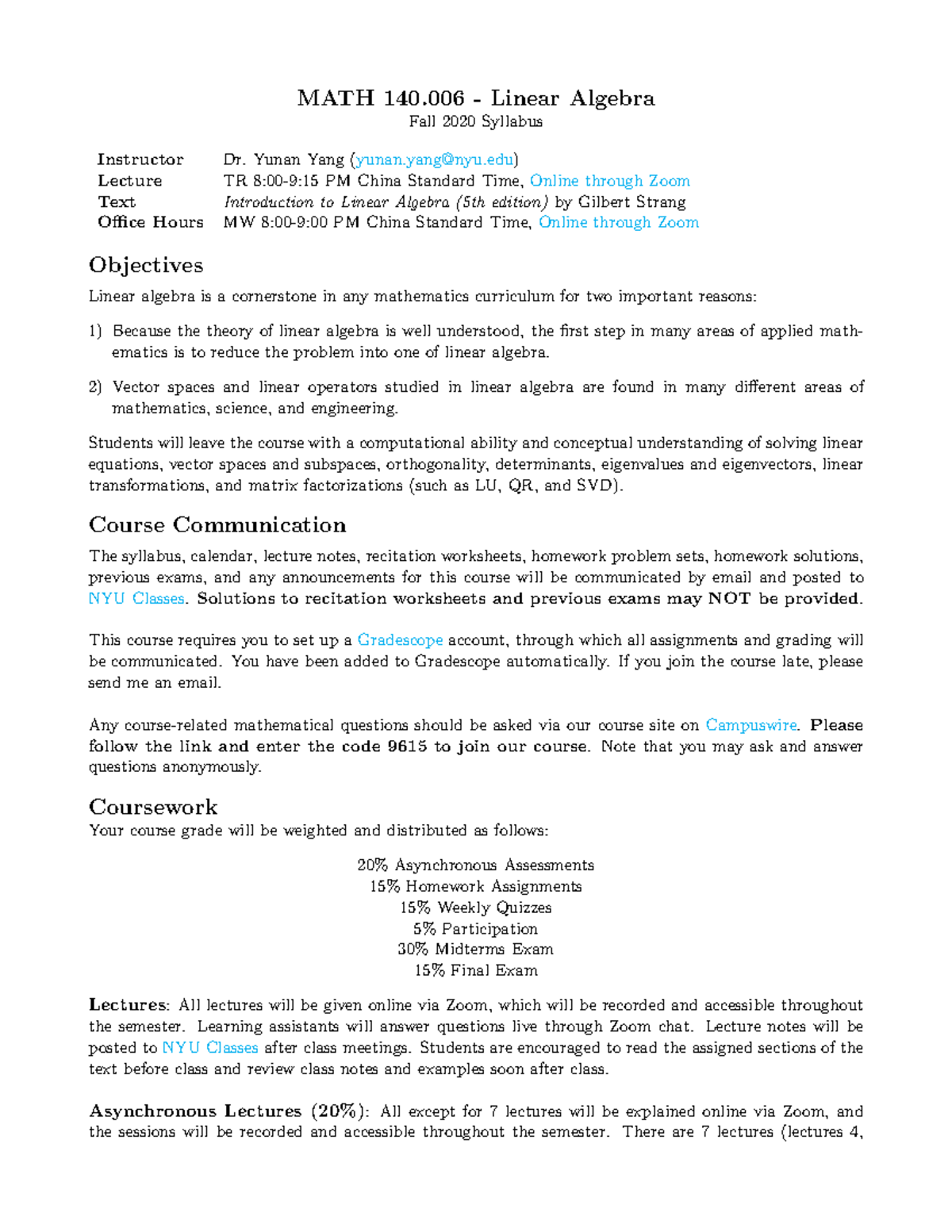 Syllabus MATH140 F20 - MATH 140 - Linear Algebra Fall 2020 Syllabus ...