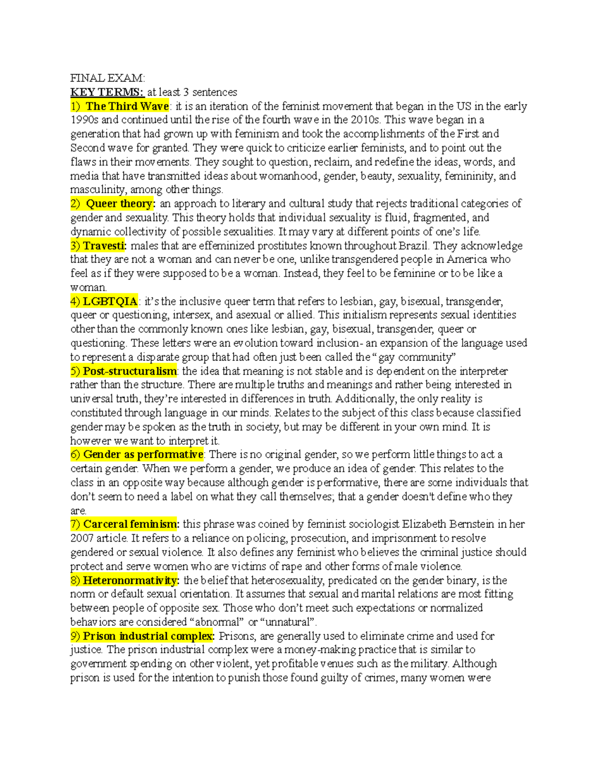 WGS 100 Final EXAM - Exam topics - FINAL EXAM: KEY TERMS: at least 3 ...
