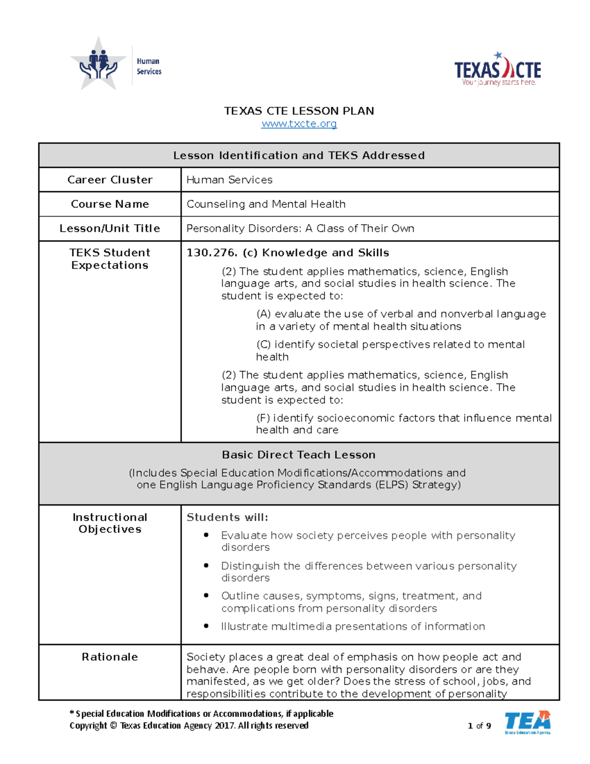 Lesson Plan Personality Disorders A Class of Their Own 0 - TEXAS CTE ...