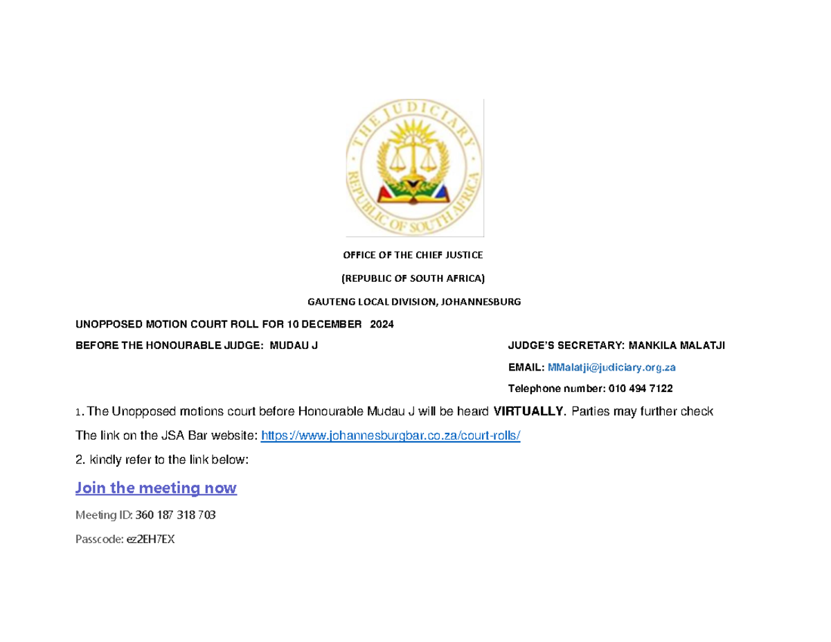 10 December 2024 Unopposed Motion Court ROLL Before Judge Mudau J (1 ...