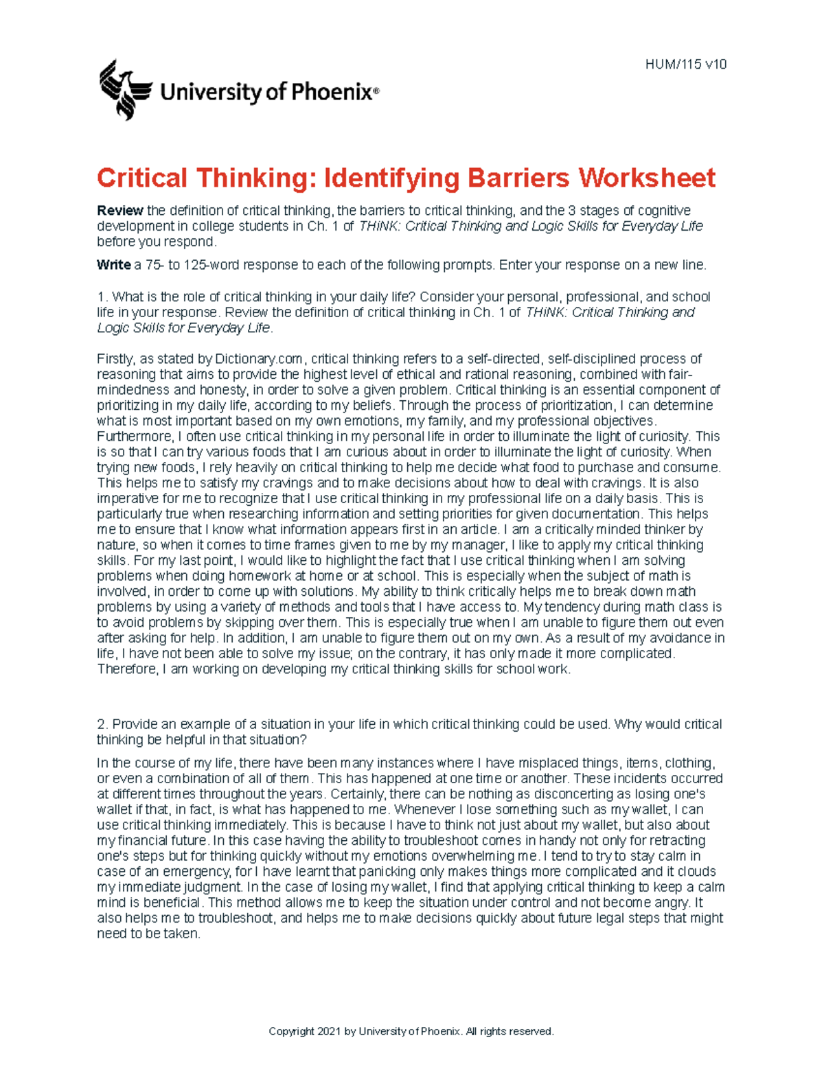 Hum115 wk1 identifying barriers worksheet (2) - HUM/115 v Critical ...