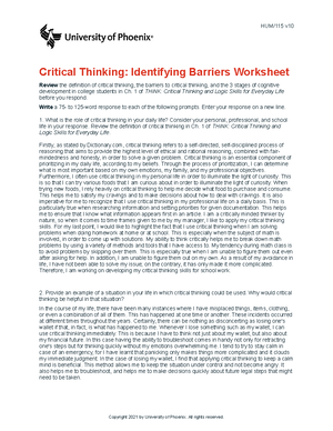 Hum115 v10 wk1 critical thinking identifying barriers worksheet - HUM ...