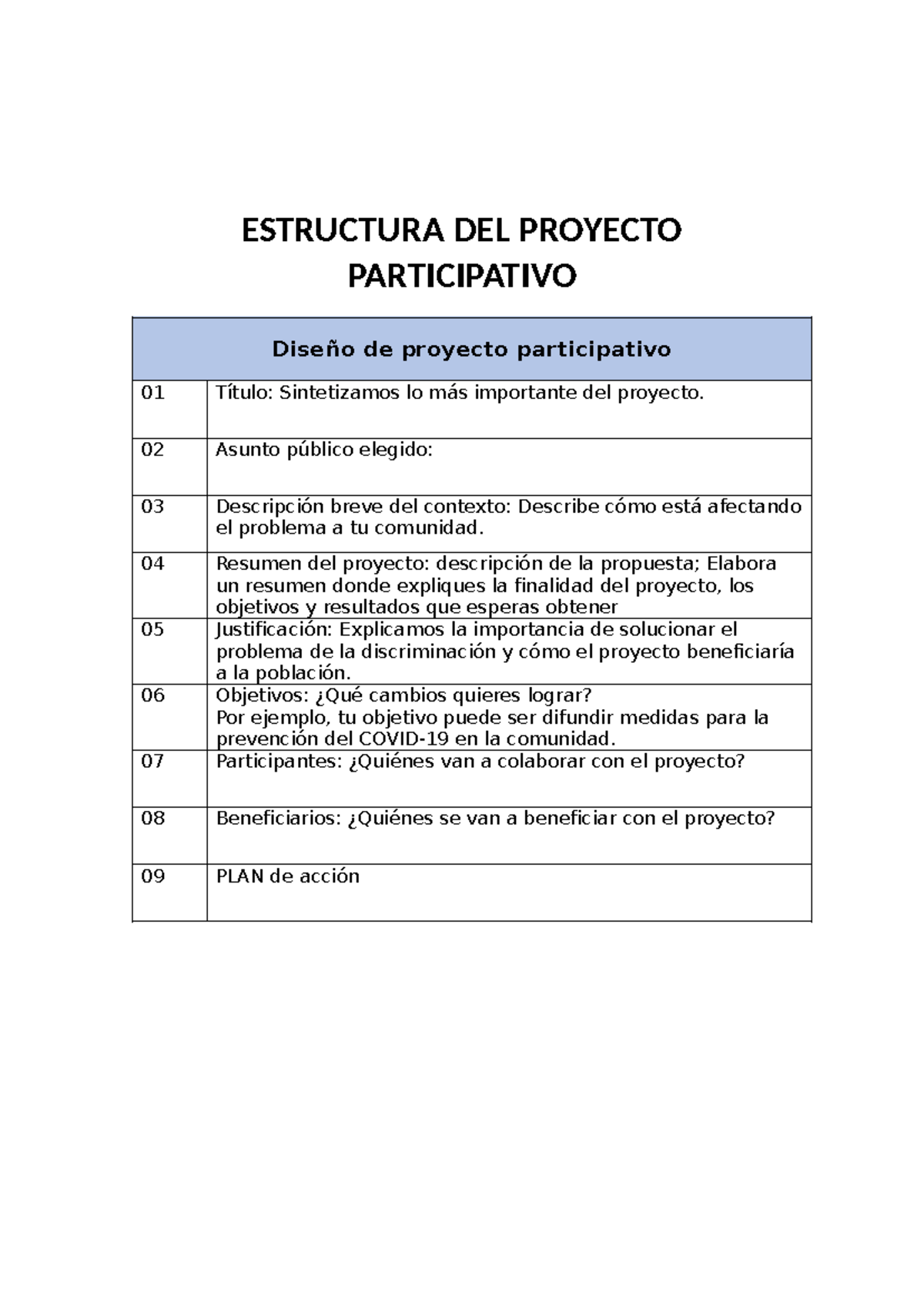 Estructura DEL Proyecto Participativo - ESTRUCTURA DEL PROYECTO ...