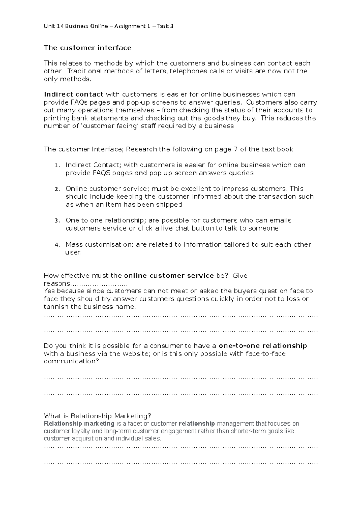 unit1 level 3 business btech - The customer interface This relates to ...