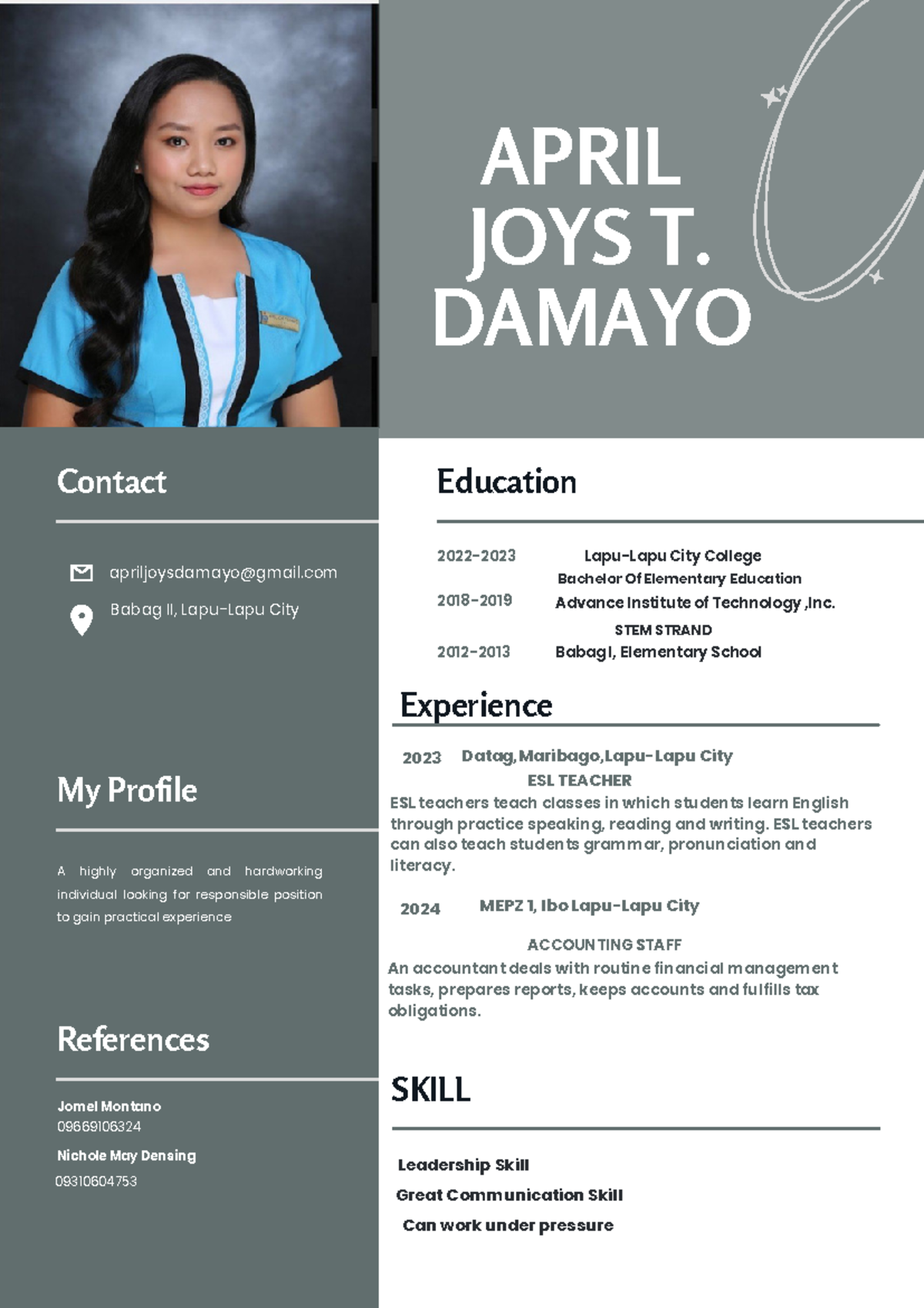 Grey and White Minimalist Graphic Designer Resume Template - APRIL JOYS T. DAMAYO Contact ...