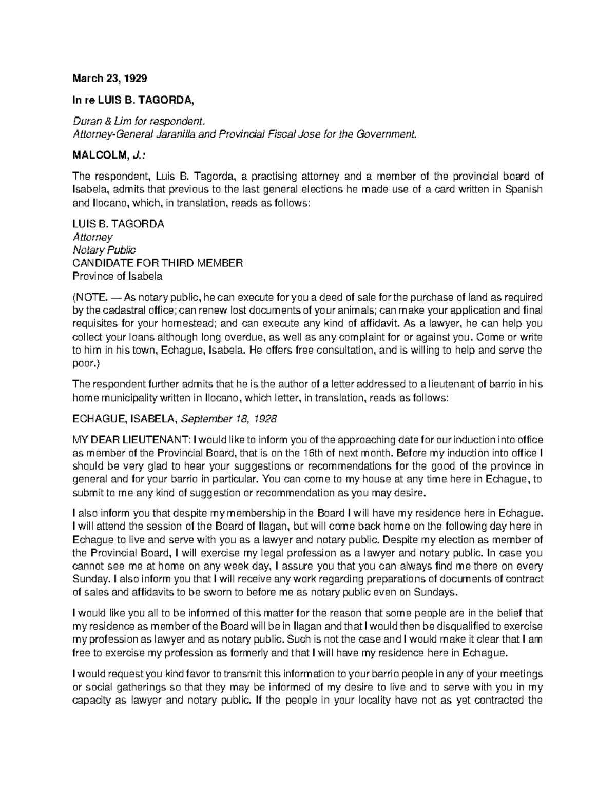 In re Tagorda (1929) - sdjsdga a;sjdngs'aslsdf askjdansf asdqwe - March 23, 1929 In re LUIS B ...