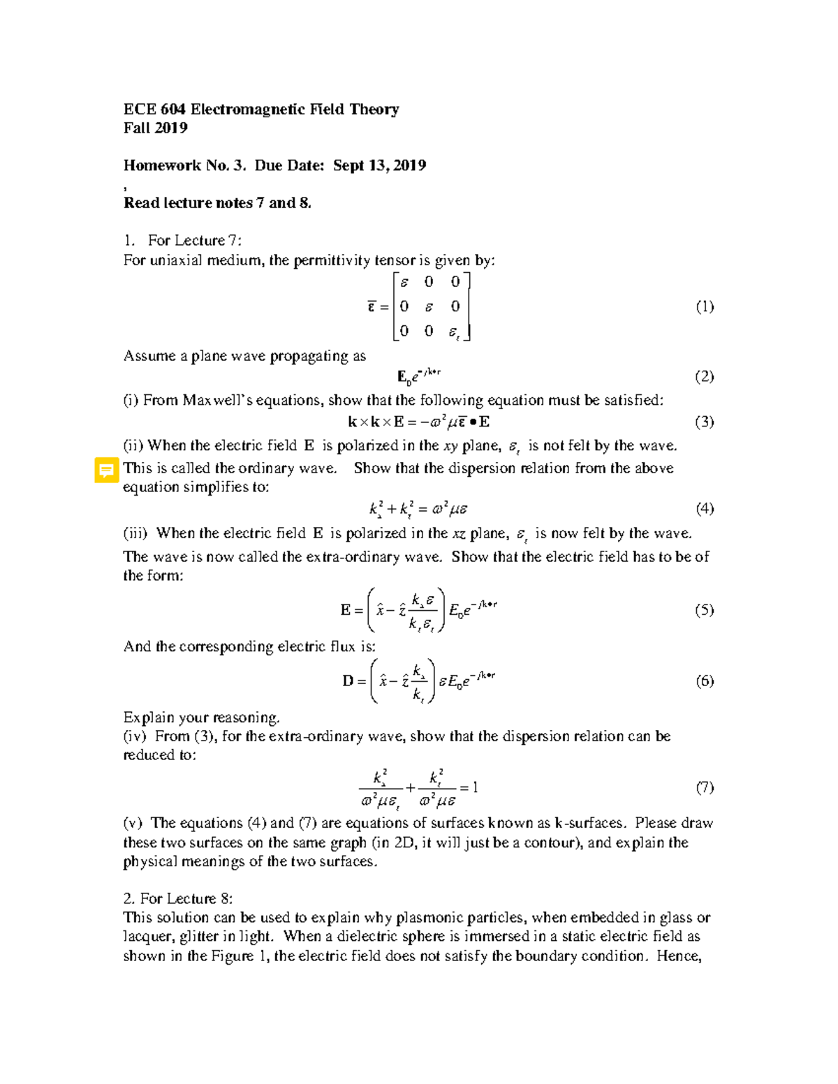 ECE604 f19 hw3 - Homework 3 - ECE 604 Electromagnetic Field Theory Fall ...