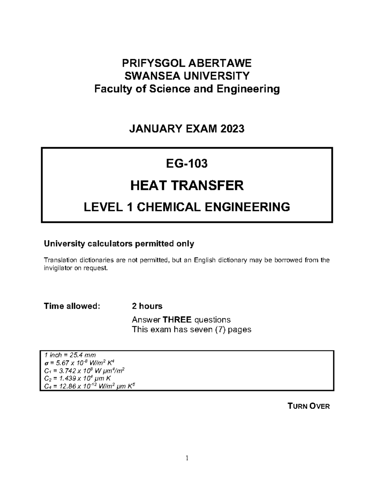EG-103 Exam Paper TB1 22-23 - PRIFYSGOL ABERTAWE SWANSEA UNIVERSITY Faculty of Science and - Studocu