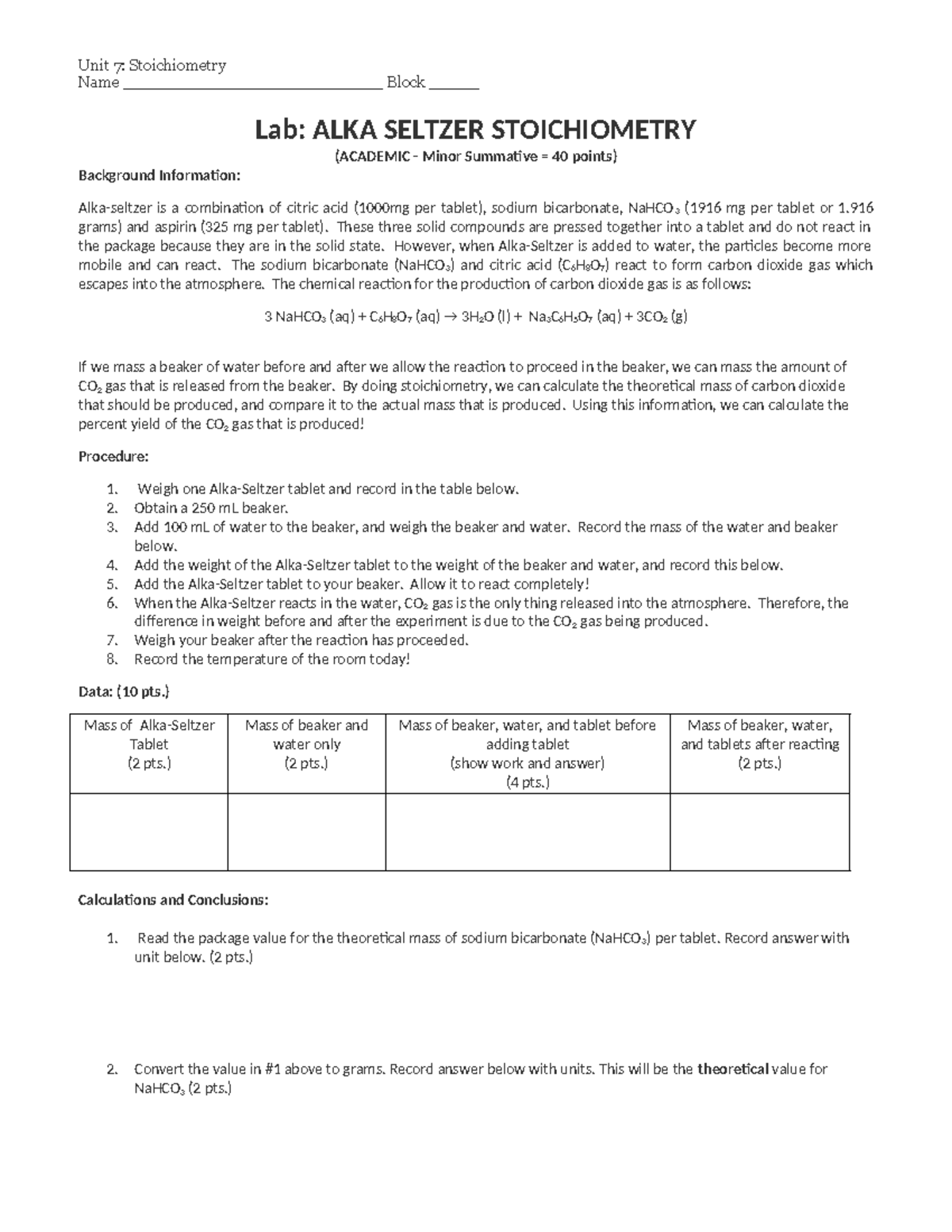 Lab+Alka+Seltzer+Stoichiometry+( Academic) - Unit 7: Stoichiometry Name