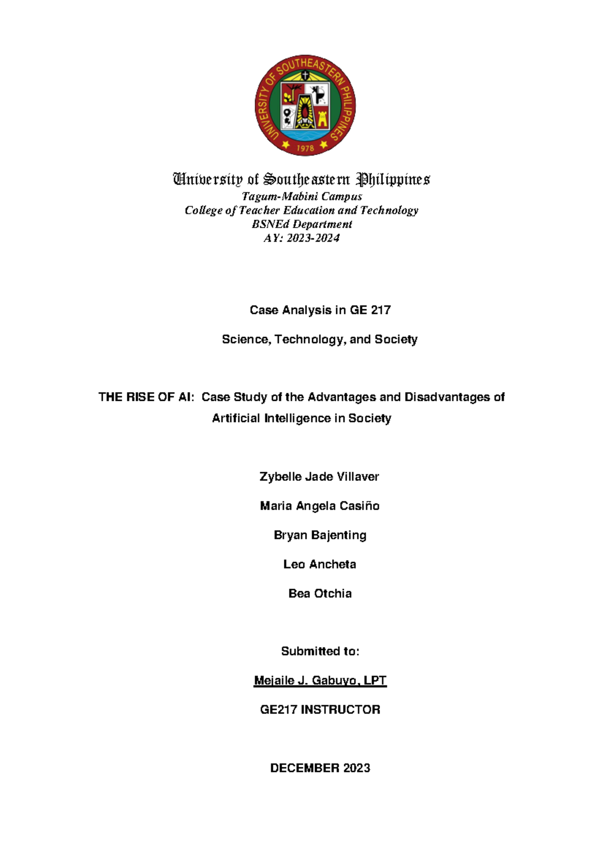 LE1 CASE Study BSNEd 2D2 Group 2 - University of Southeastern ...