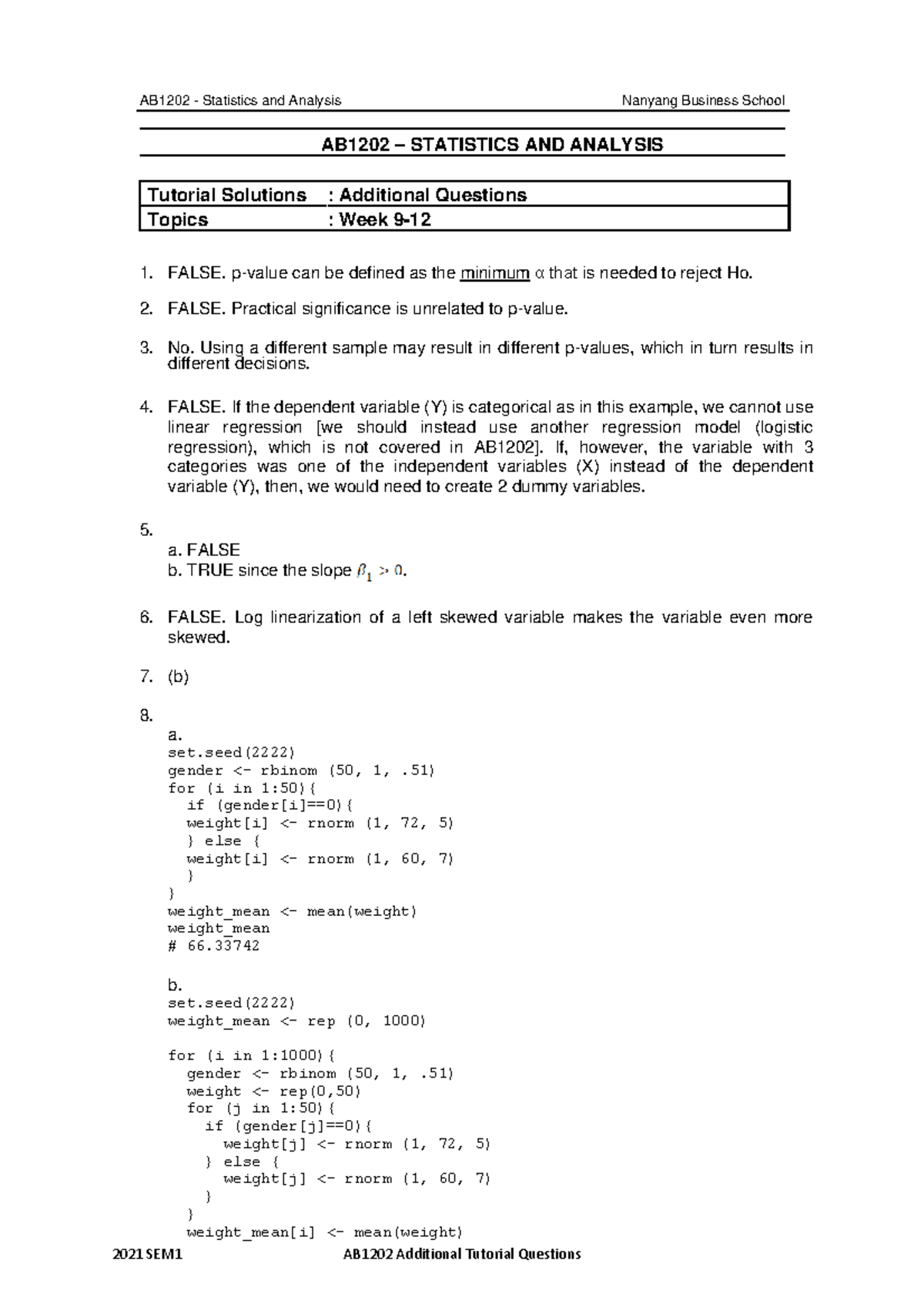 AB1202 Additional Tutorial Questions-week 9-12 (Solutions) - 2021 SEM1 AB1202 Additional ...