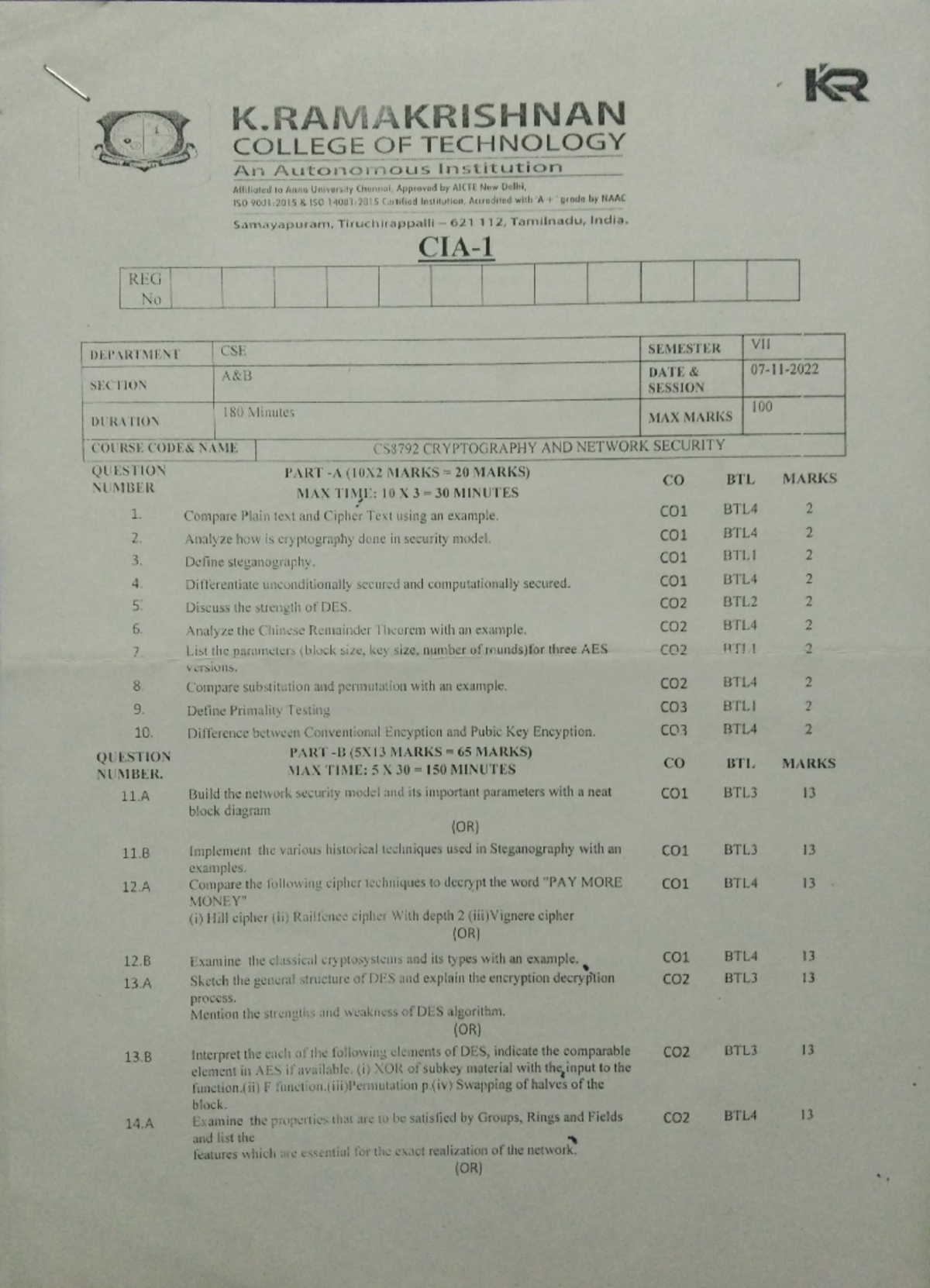 Ciat 1-1 - Internal assessment test - K./iAKRISHNAN COLLEGE ...