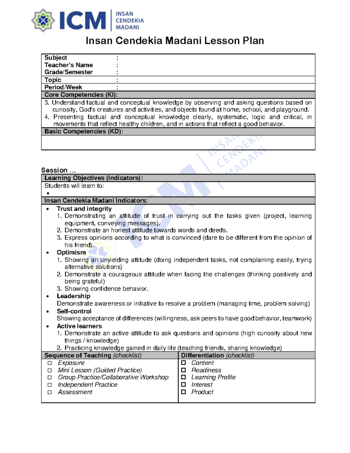 ICM Lesson Plan Template - Insan Cendekia Madani Lesson Plan Subject : Teacher’s Name : - Studocu