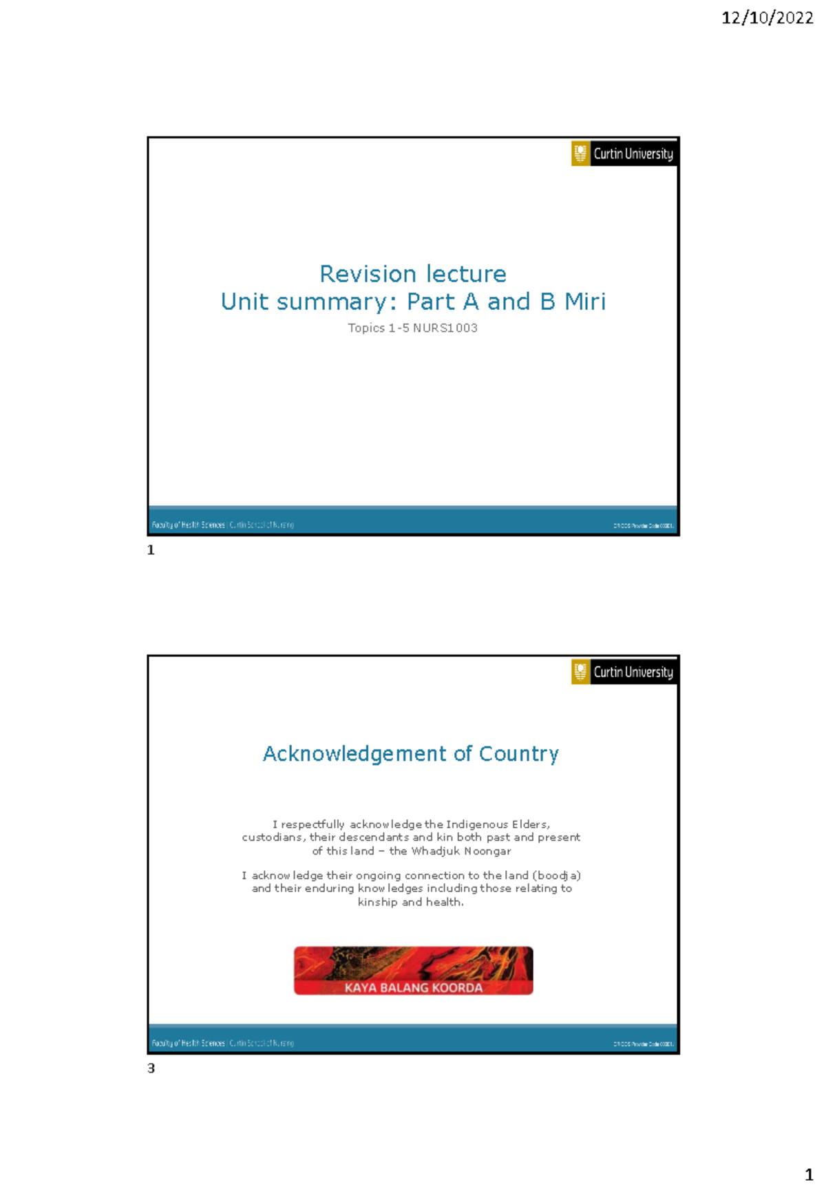 NURS - Handouts Lect 12 Part A + B 2 2022 Miri - Revision lecture Unit summary: Part A and B ...